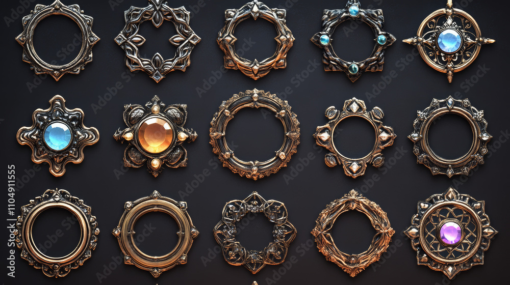 Silver fantasy medieval royal frame with gem stones for game ui design ...