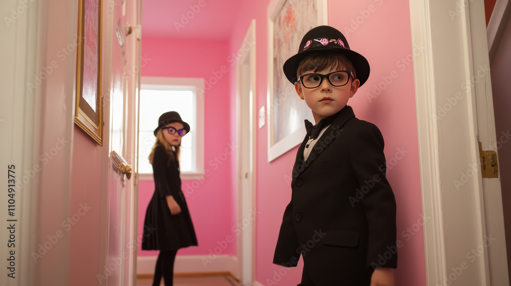 Cute happy children play spymaster game - teen boy tiptoeing down ...