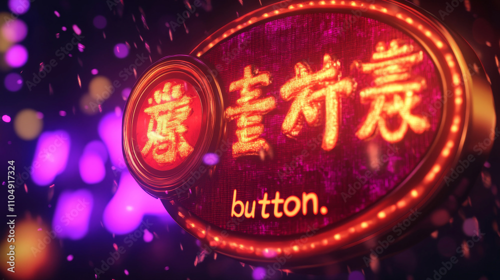 Neon Chinese sign board with hieroglyph for button. Asian Japan card ...