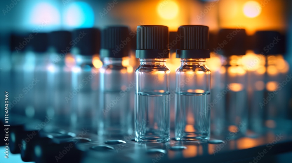 Row small glass vials black caps metal rack Medical on production Stock ...