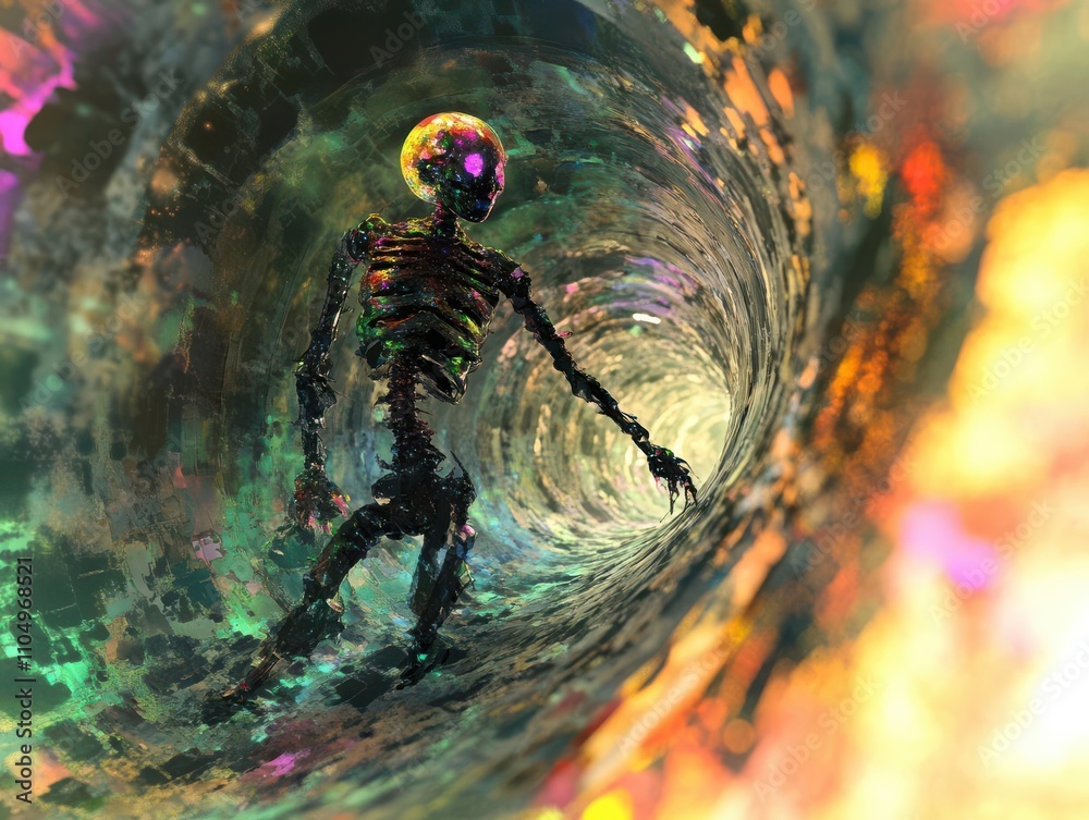 Humanoid rebirth scene, glowing and emerging, liquid mercury setting ...