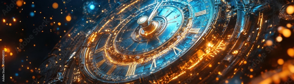 Intricate cosmic clock, glowing planetary gears, eye-level view ...