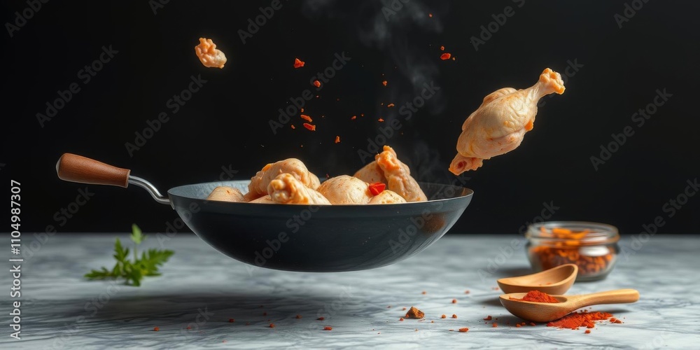 Futuristic image of floating wok with chicken and spices in space-like ...