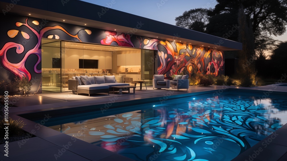 A modern backyard oasis with a pool and an integrated video mapping ...