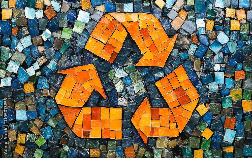 A stunning recycled glass mosaic depicting the recycling symbol on an ...