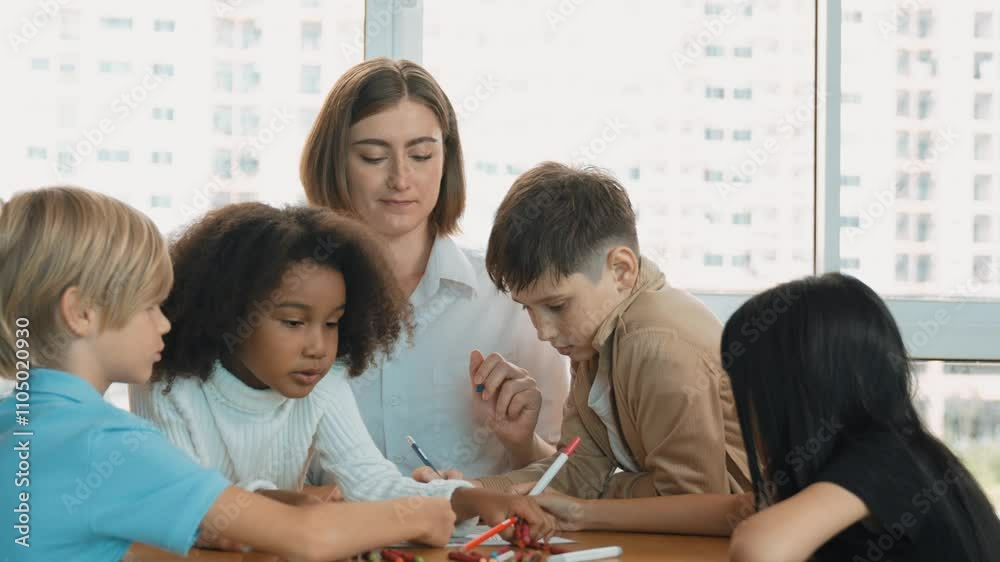 Panorama shot of diverse student and smart teacher drawing and coloring ...