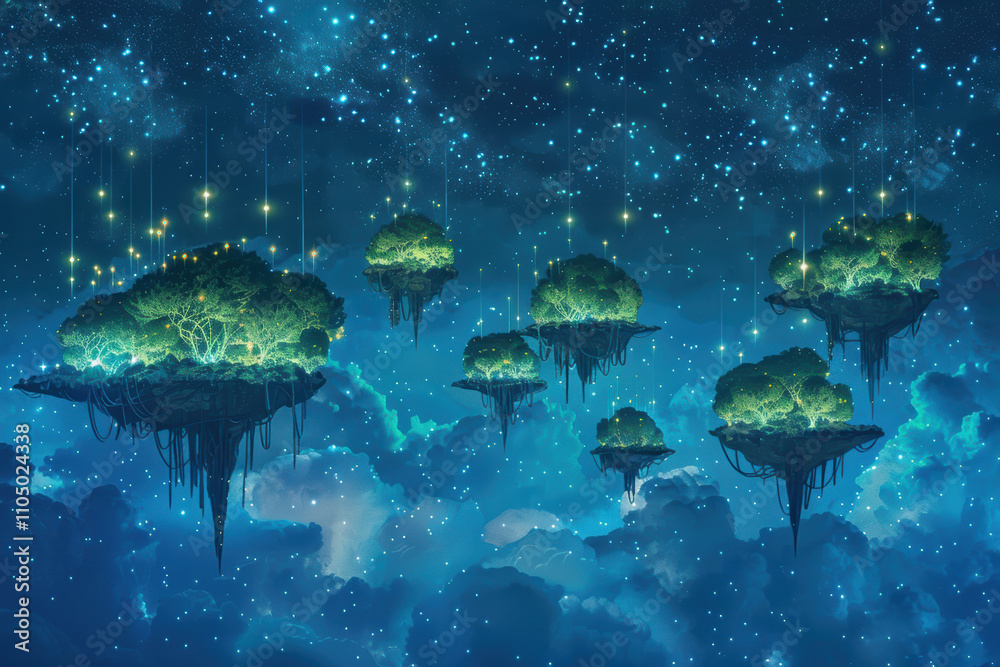Fantastic landscape. Floating magical islands drift in magical sky ...