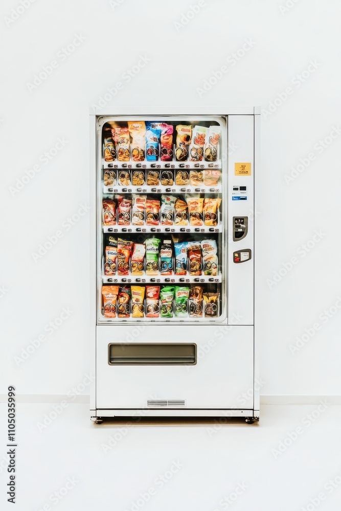 Blank white vending machine mockup with snacks and drinks on white ...