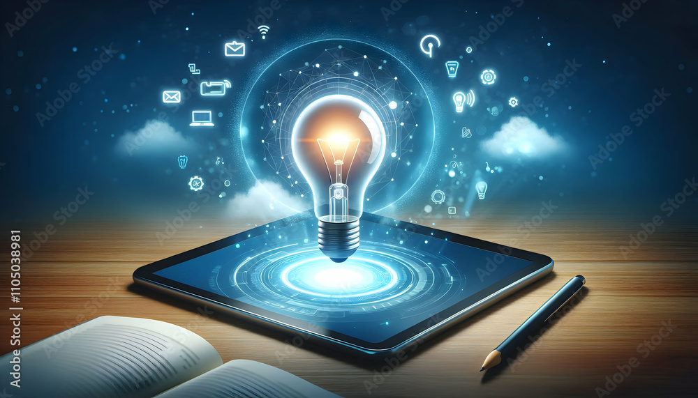 Bulb idea A light bulb icon floating above a digital tablet ...