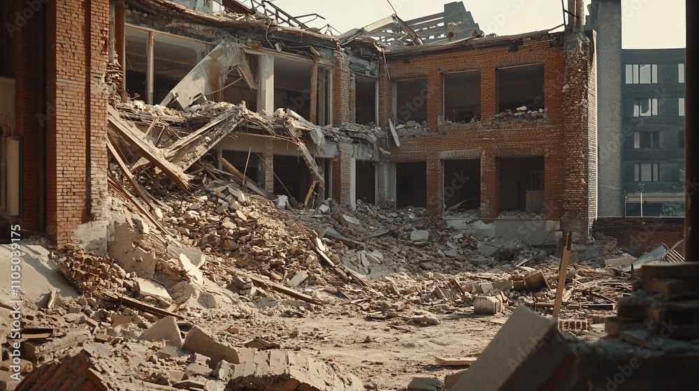 12.A partially demolished brick building in a city, with piles of ...