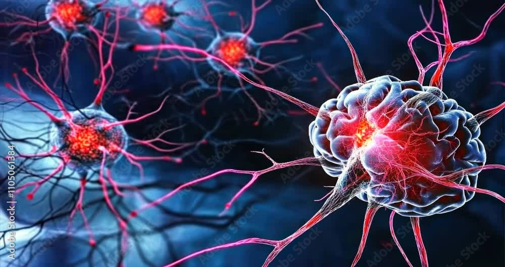 Realistic animation of human brain cells and neurons with red ...