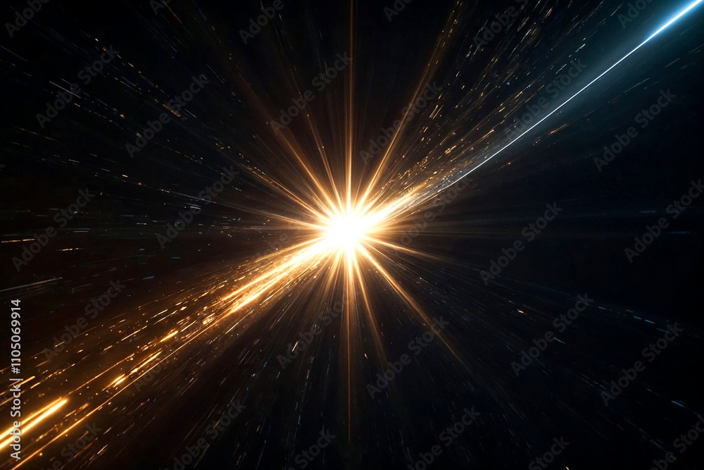 Digital lens flare in dark black background, sun rays light isolated ...