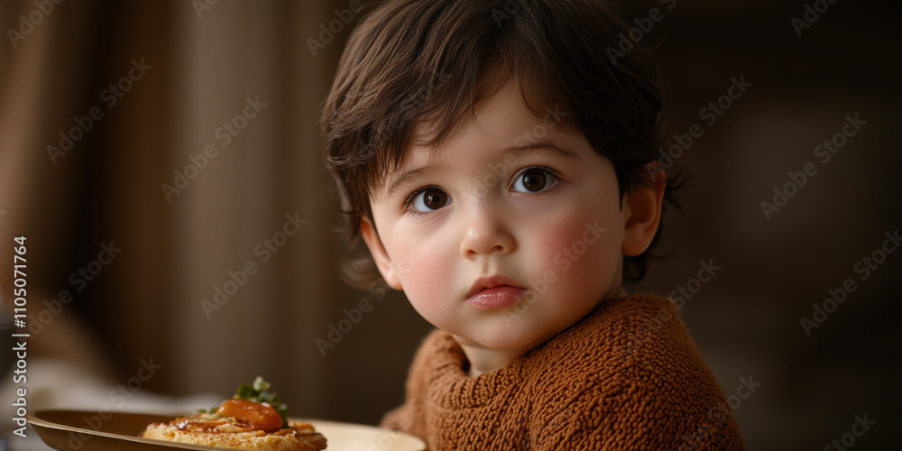 Getting the kids ready for school concept, A young child with dark hair ...