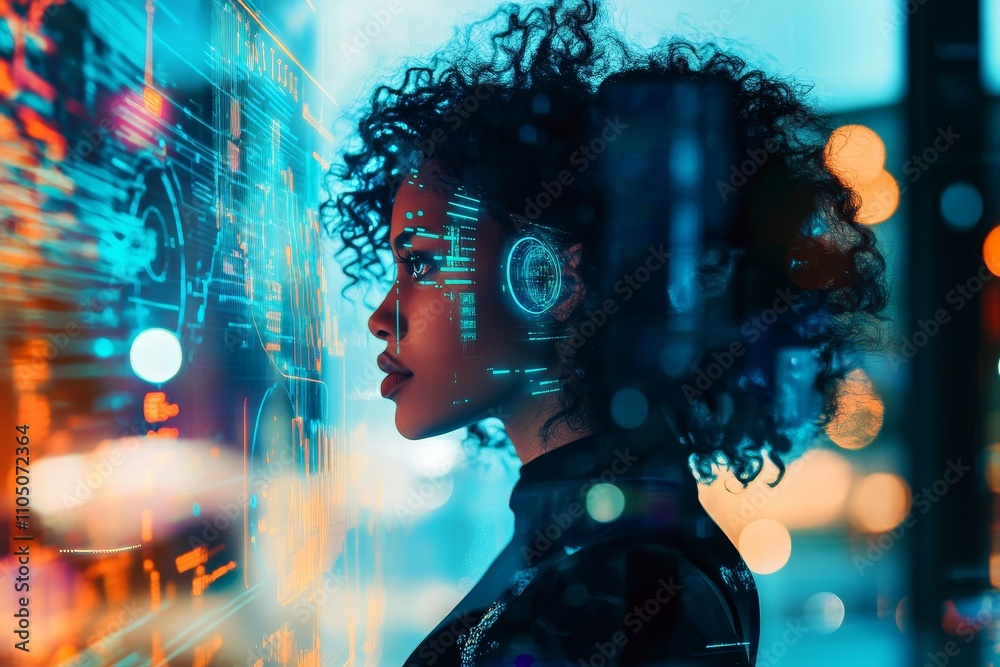 An African American woman's side profile in a futuristic world is ...