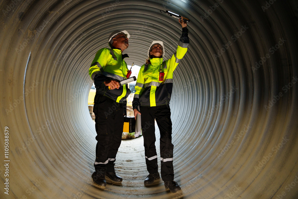 Female and male engineers work inside a large steel pipe. Workers build ...