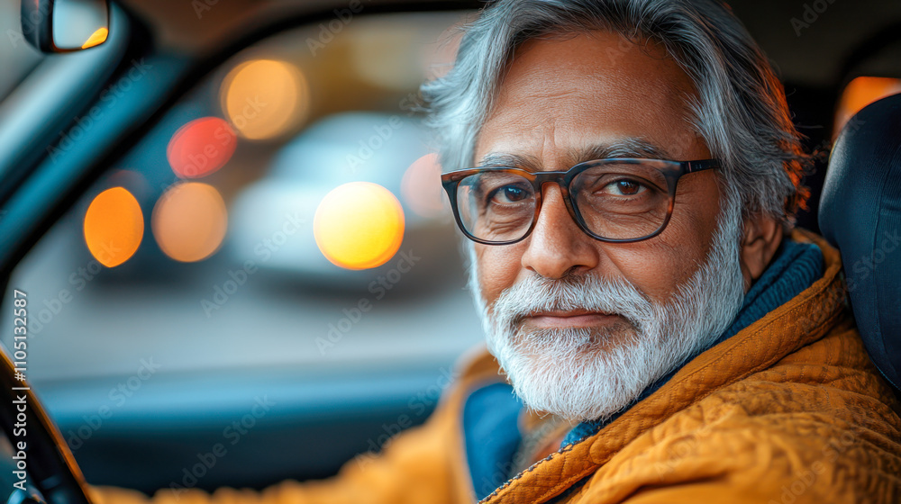 Senior indian man driving car during twilight with thoughtful ...