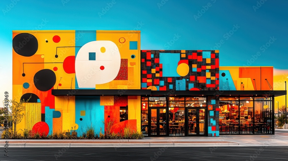 Vibrant exterior design of a modern fast food chain urban setting ...