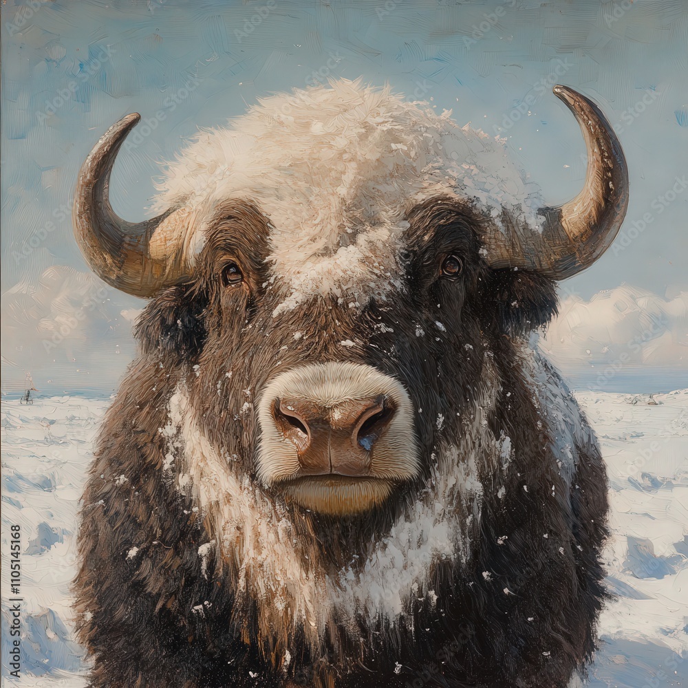 A majestic yak in a snowy landscape, showcasing its thick fur and ...