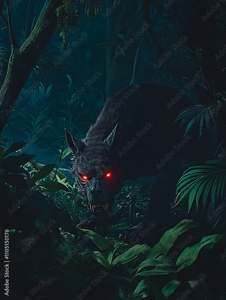 hyper realistic depiction of Chupacabra stalking in dark forest, showcasing its glowing red eyes ...