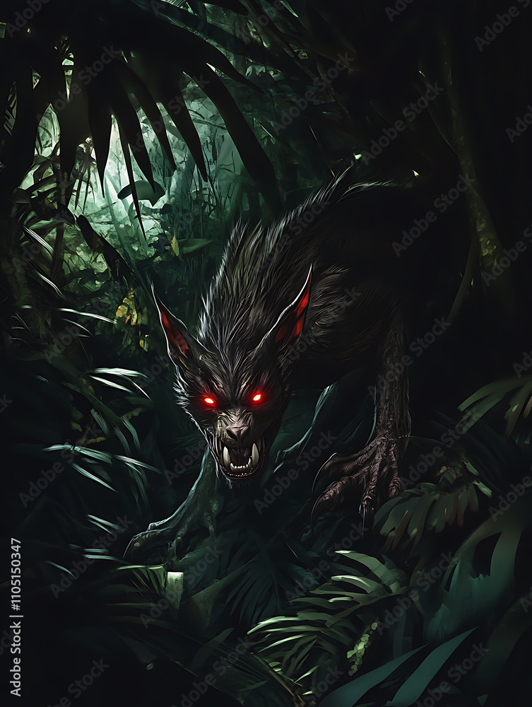 hyper realistic depiction of Chupacabra lurking in dense foliage, showcasing its menacing red ...
