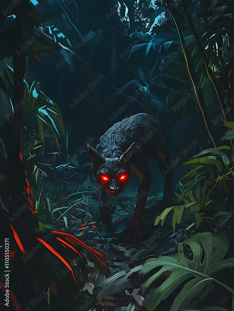 hyper realistic depiction of Chupacabra stalking through dark jungle, with glowing red eyes and ...
