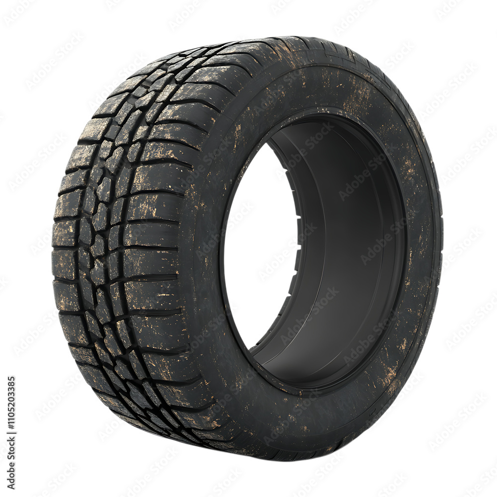 Worn-out rubber tire with visible treads and scuff marks placed on a ...