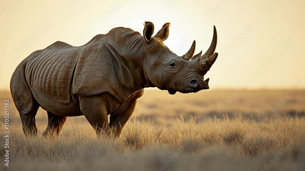 Rhino at Sunset: A majestic white rhinoceros stands tall in the golden ...