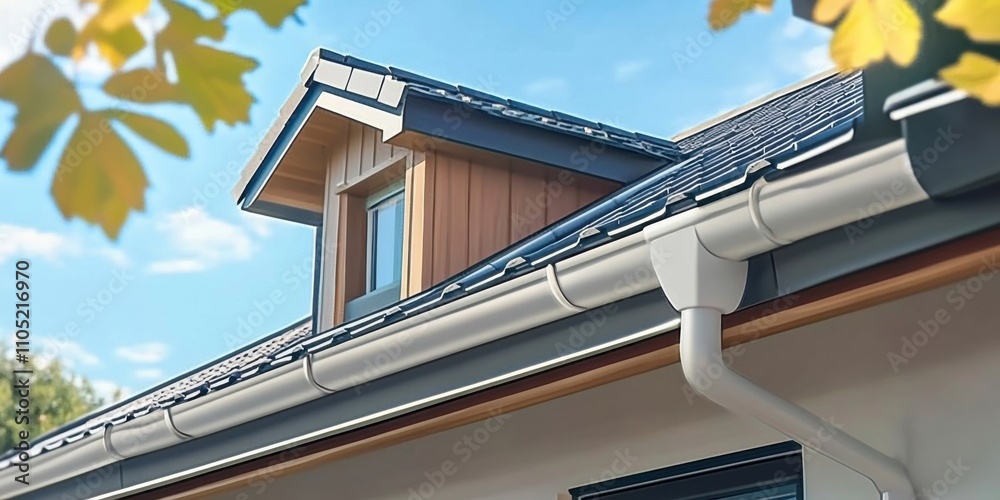 Gray zinc gutter on the facade of the house- white PVC downpipes and ...