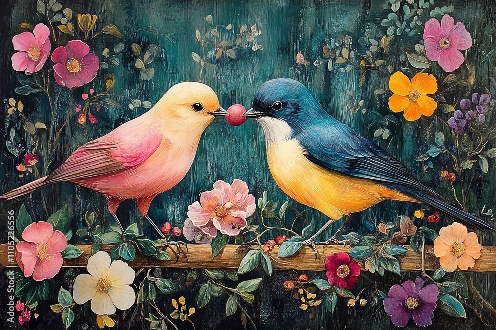 Brightly colored birds, with various shades, sit on a branch. They eat ...