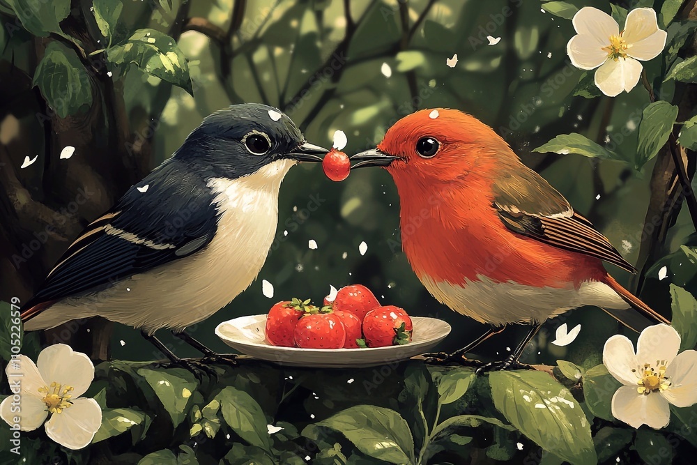 Brightly colored birds, with various shades, sit on a branch. They eat ...