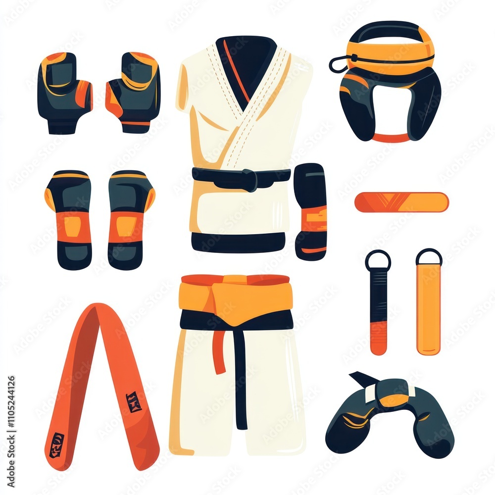 Martial Arts Gear Illustration: Karate Gi, Boxing Gloves, and ...