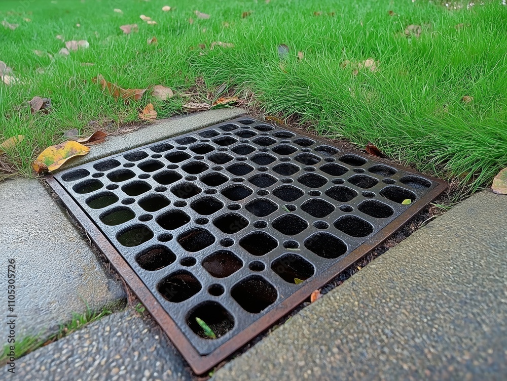 Dark metal grate drains storm water from sidewalk to green lawn. Urban ...