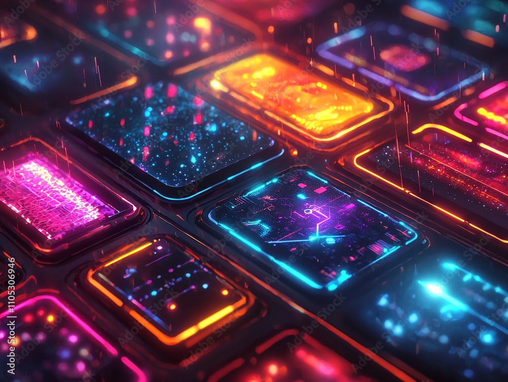 Dynamic ai-generated neon technology patterns in a futuristic setting ...