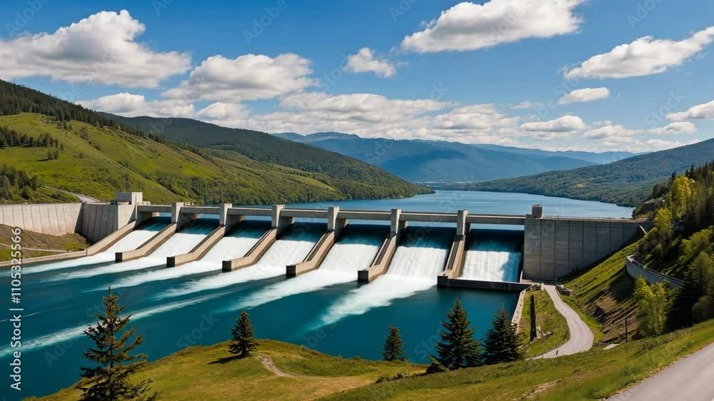 Video footage of hydroelectric dam with multiple spillways releasing ...