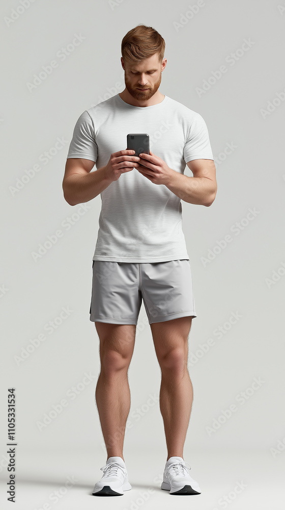 Hyperrealistic portrait of adult man in sportswear checking fitness app ...