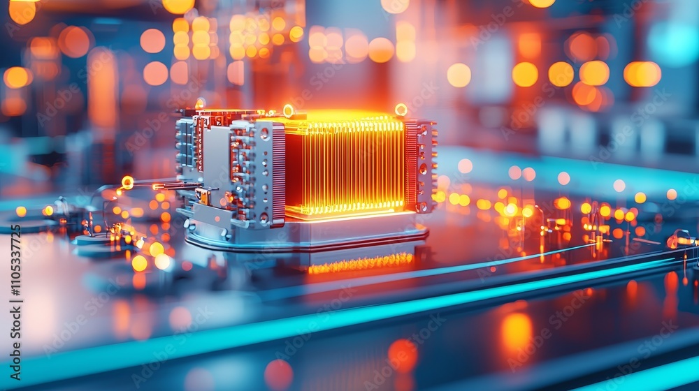 fiber optic installation concept. A glowing circuit component ...