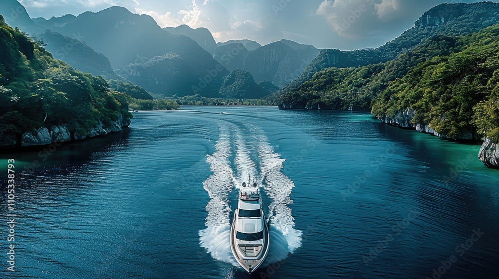 Speedboat, speeding into the distance towards a horizon with one side ...