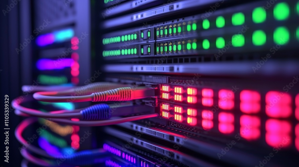 fiber optic installation concept. Vibrant server rack with illuminated ...