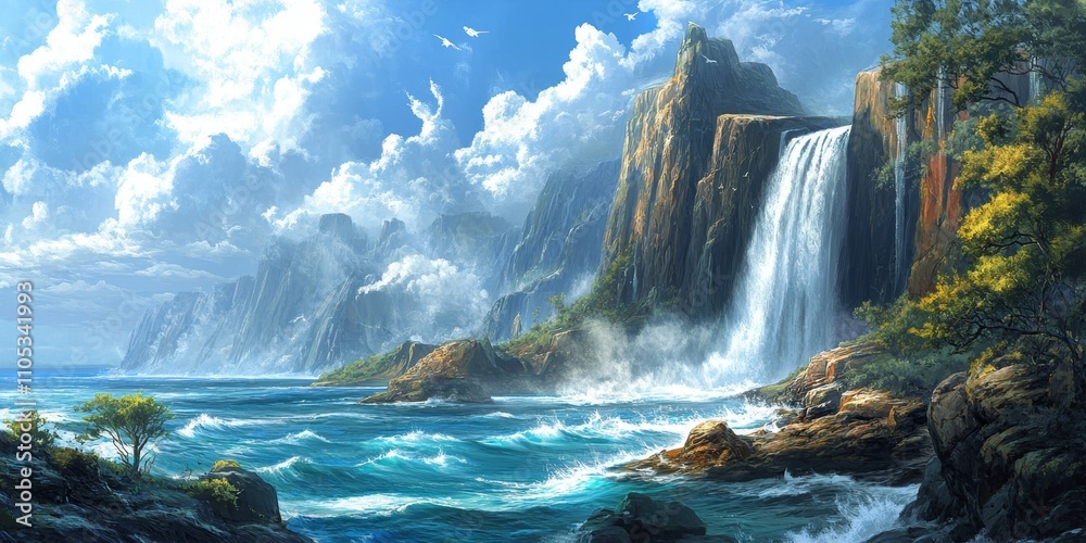 Stunning coastal scenery featuring a magnificent waterfall. This ...