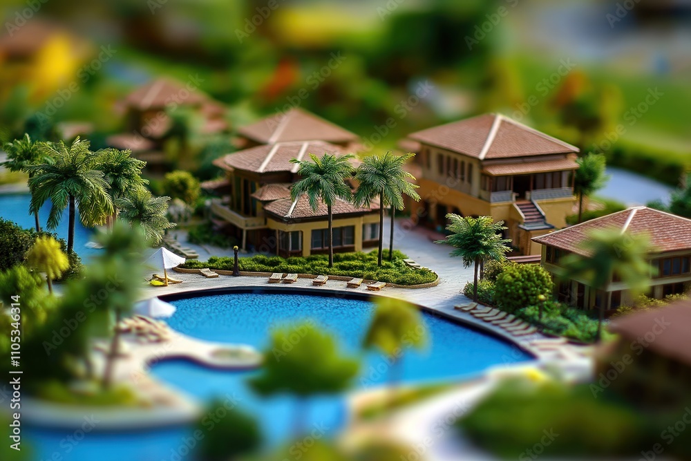 Miniature resort model shows tropical architecture. Houses poolside ...