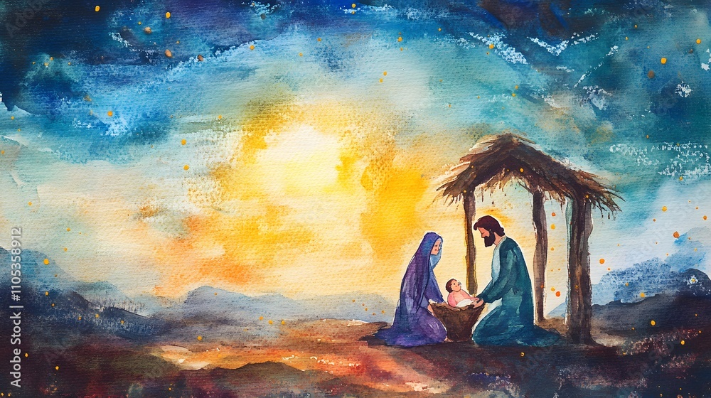 Nativity scene in Bethlehem. Watercolor painting. Christmas scene ...