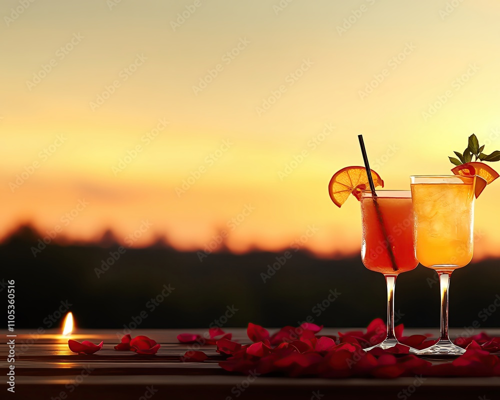 Romantic dinner setting with two winebased cocktails and candlelight ...