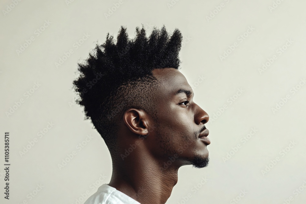 Studio portrait of a stylish young black man with a unique frohawk ...