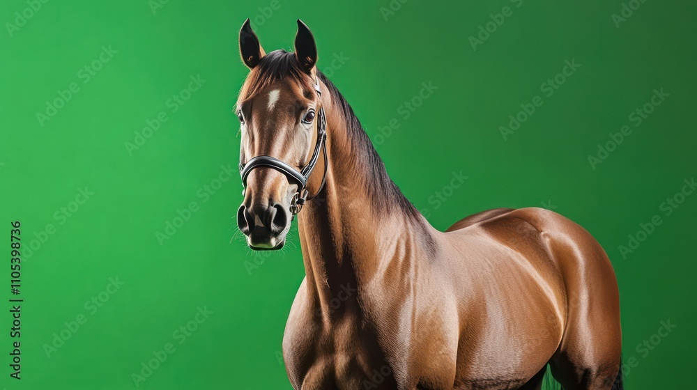 A well-groomed horse posing for a portrait, set on a sleek green screen ...