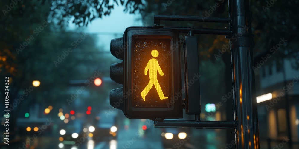 Hanging traffic light displays a pedestrian crossing signal, guiding ...