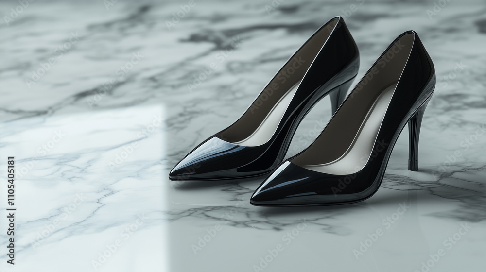 Elegant and luxurious sleek black high heels on a reflective marble ...