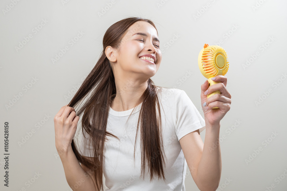 Happy summer heat wave stroke, hot weather, tired asian young woman ...