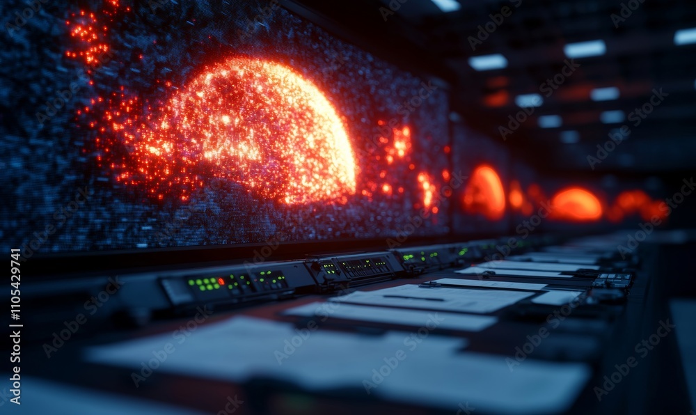 Tense military briefing room with maps, documents, and glowing screens ...