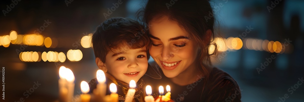 Happy Jewish mother and son celebrating Hanukkah. Portrait of orthodox ...
