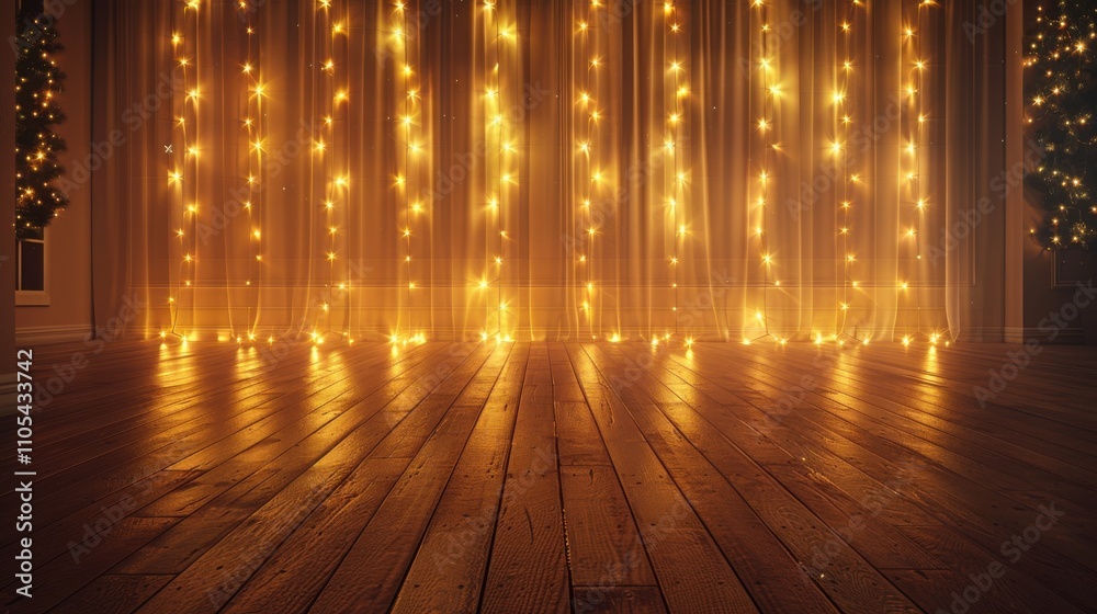White walls decorated with dark yellow string lights, creating a warm ...